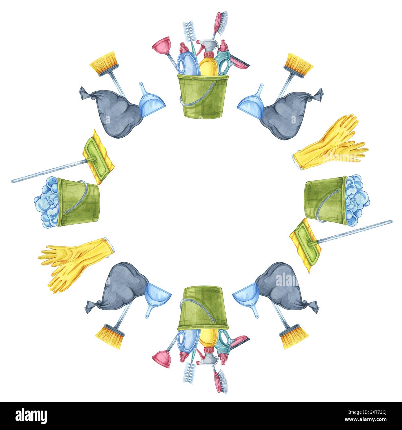 Cleaning tools like brooms, buckets, gloves, and sprays form a round ...