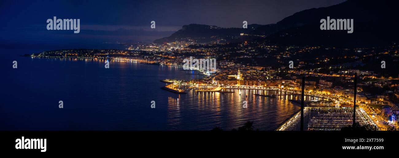 Night view on French Riviera, lights of Menton old city and marina on ...