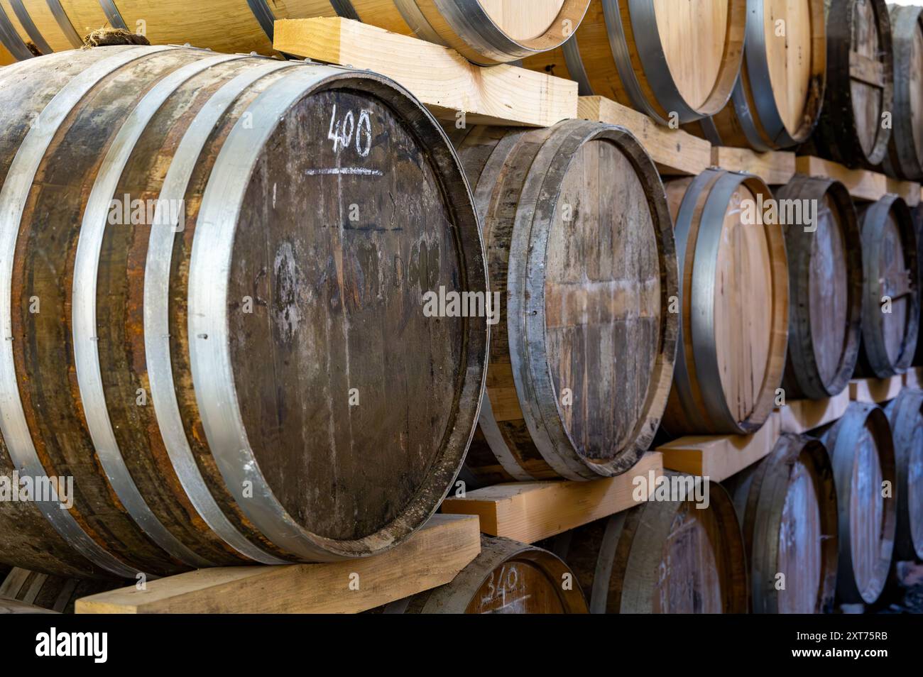 Aging process of cognac spirit in old dark French oak barrels in cool ...