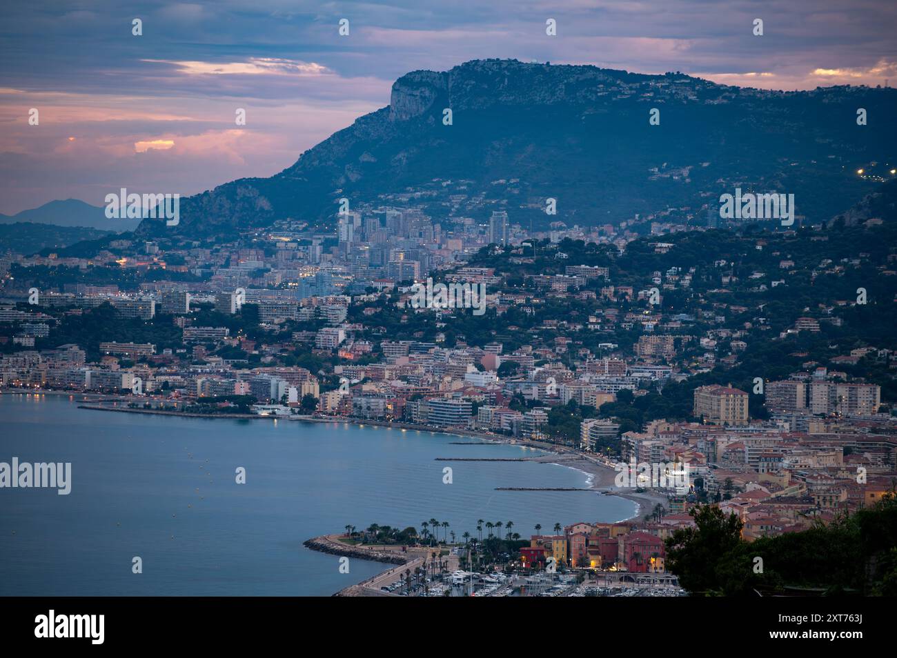 Night view on French Riviera, colorful Menton old city and marina on ...