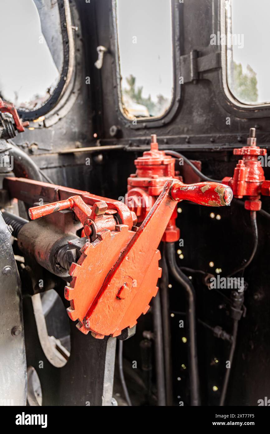 Detailed view of functioning valves in a steam locomotive cabin Stock ...