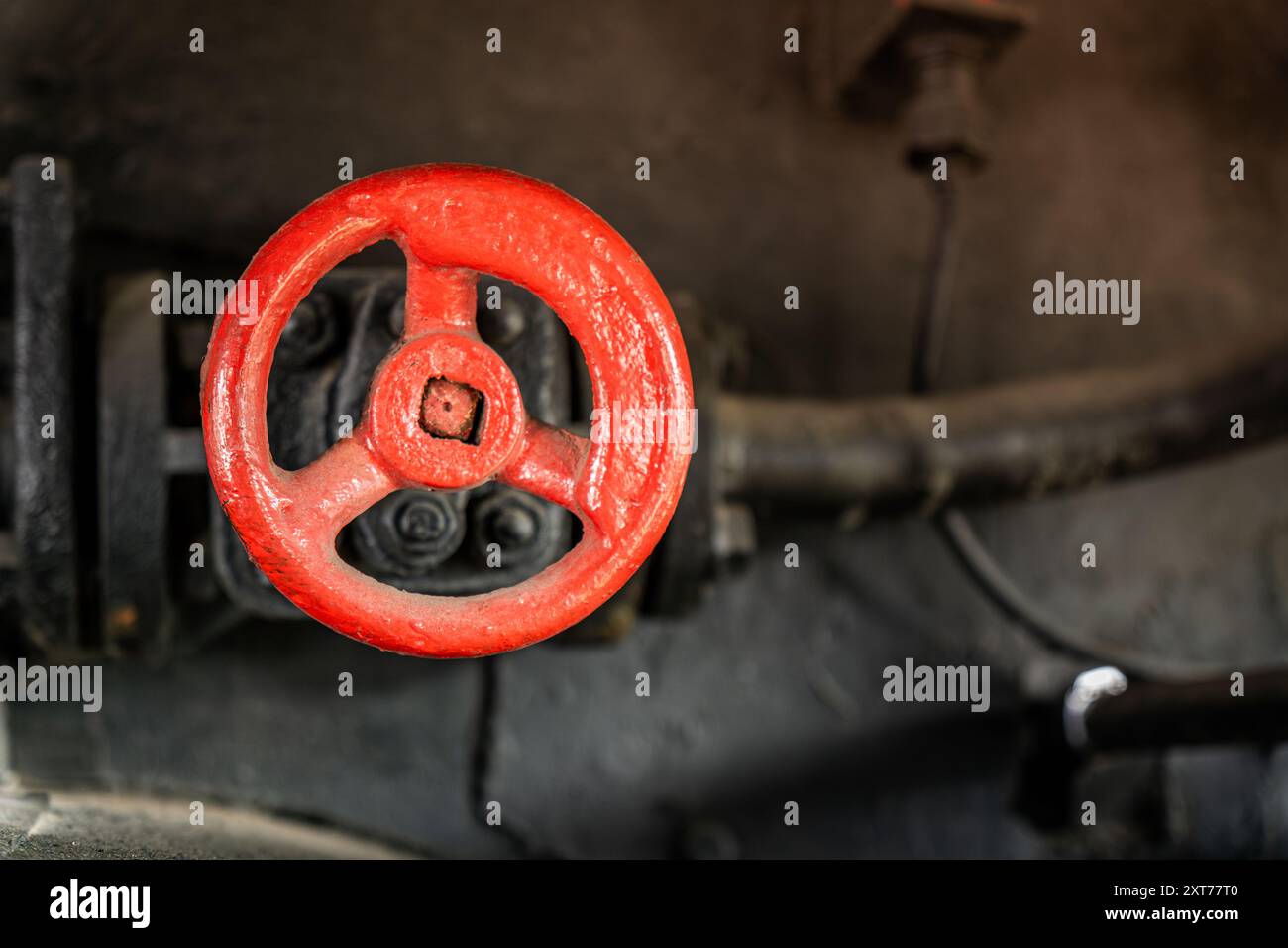 Detailed view of red valve in steam locomotive engine compartment Stock ...