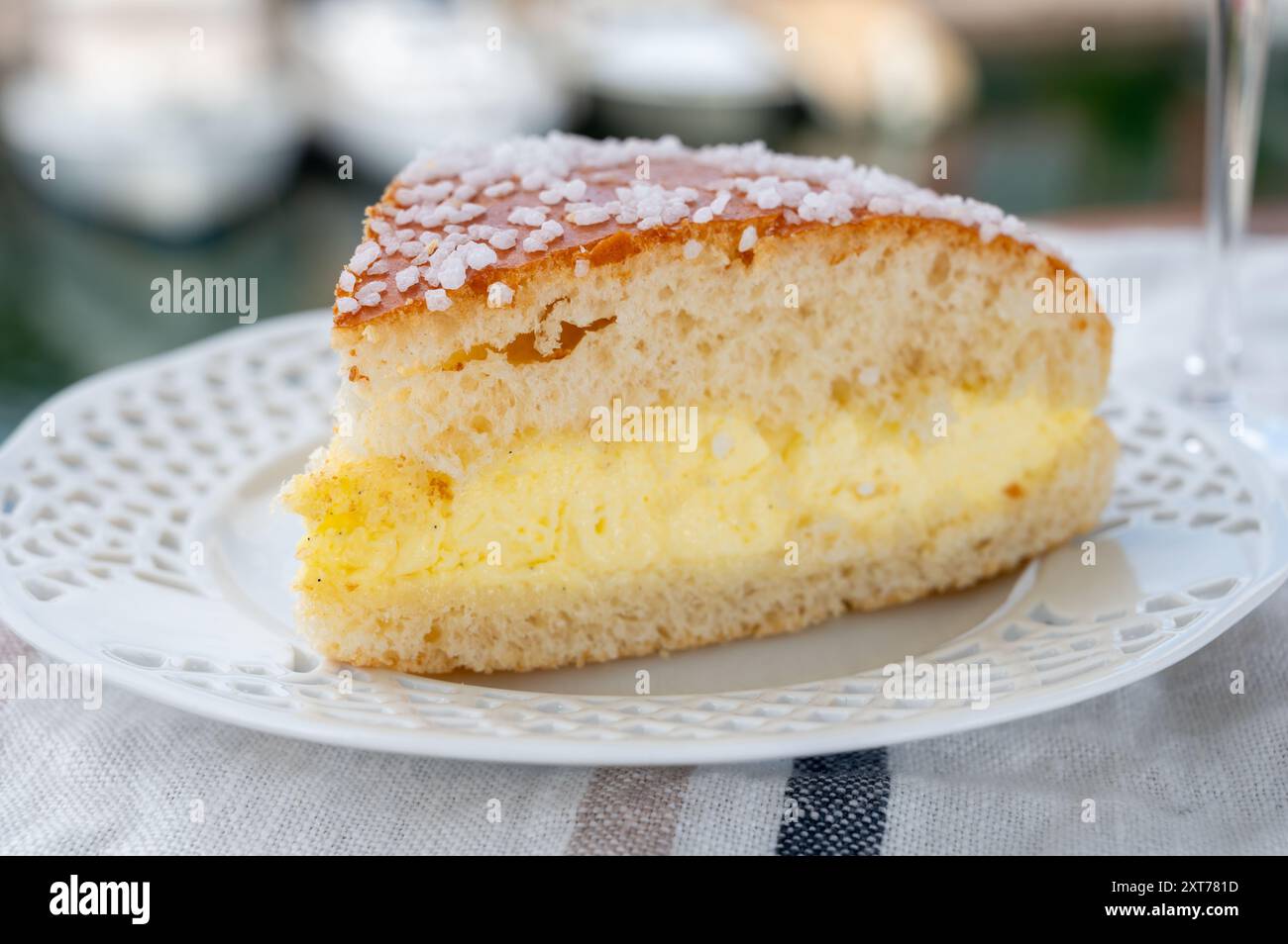 Cake of French Riviera, Tarte Tropezienne cake in yacht harbour of Port ...