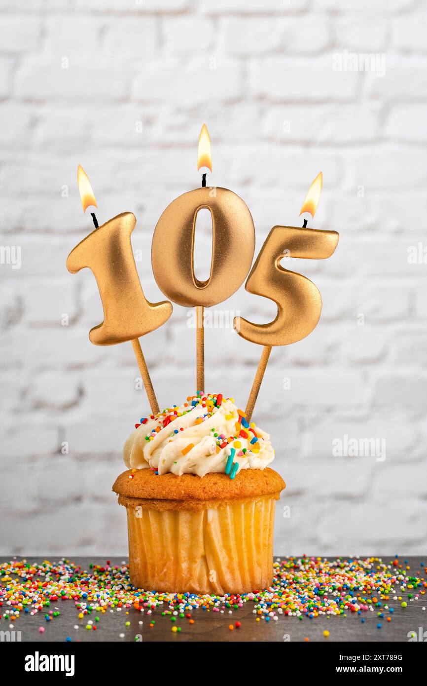 Golden birthday candle number 105 with cupcake - White block wall ...