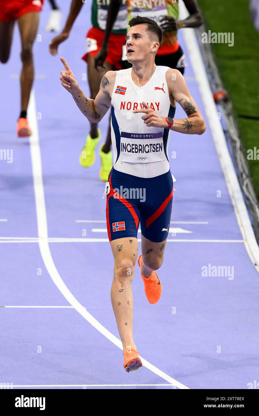 Jakob Ingebrigtsen of Norway reacts after competing in the men's 5000m ...