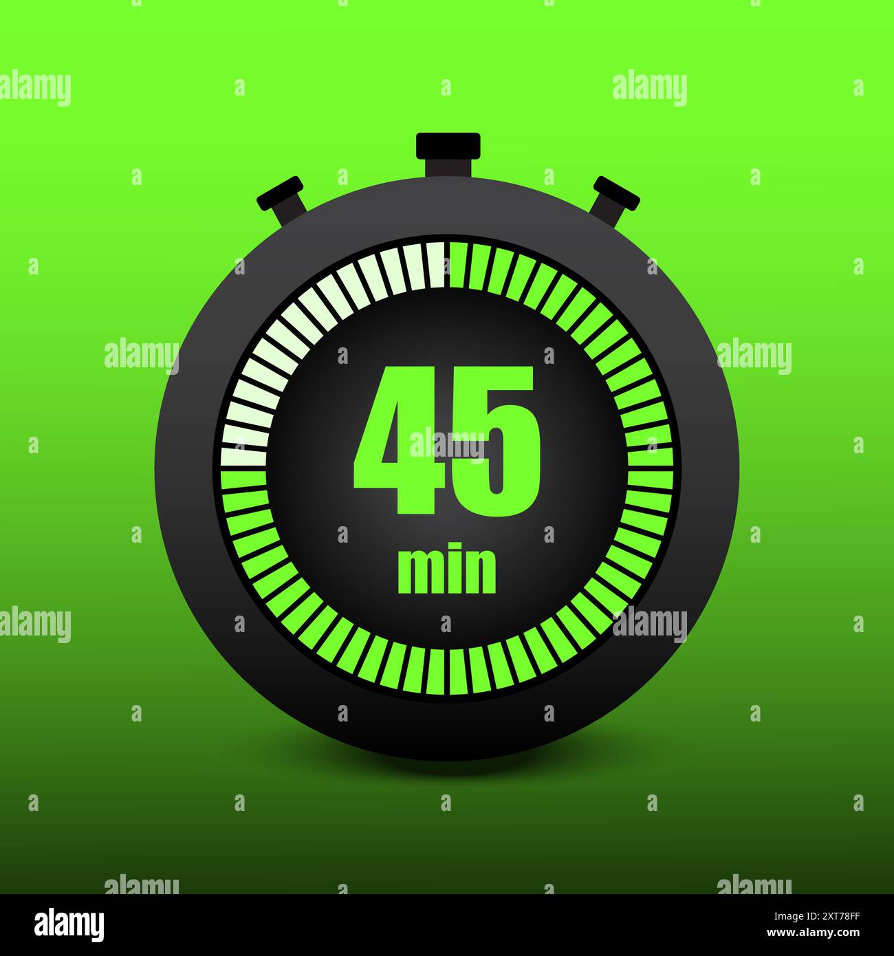 Green stopwatch icon. Forty five minutes display. 45 minutes. Black ...