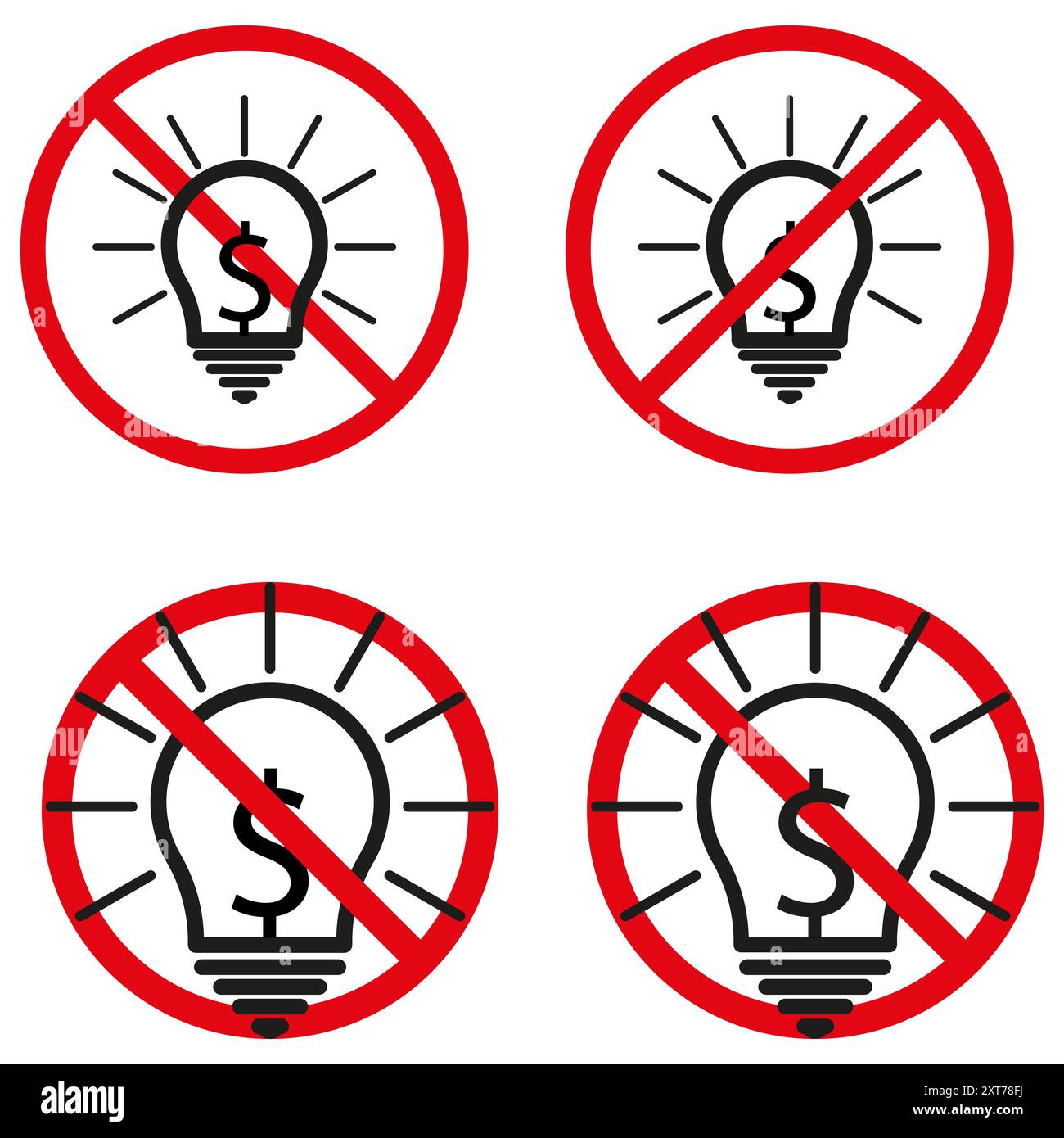 No money ideas icons. Red circle with slash over light bulb with dollar ...