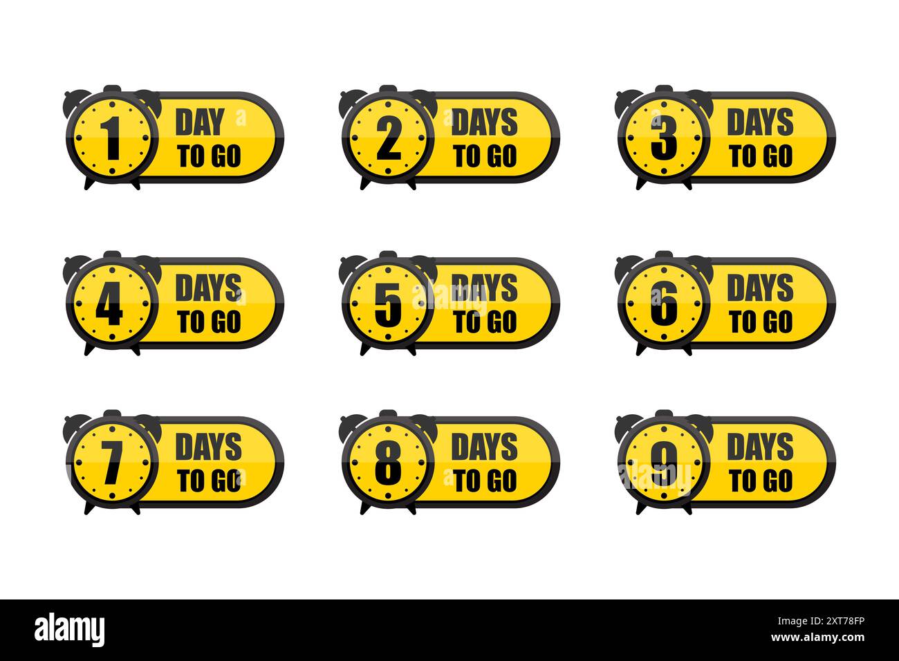 Countdown timer set. Numbers one to nine. Bold days to go text. Yellow and black design Stock ...