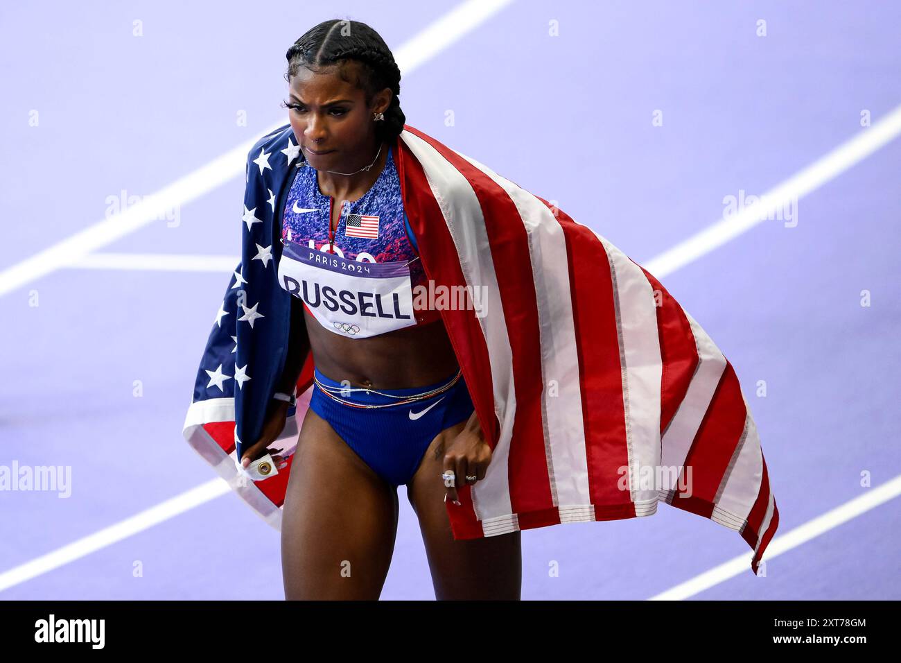 Masai Russell of United States of America celebrates after competing in ...