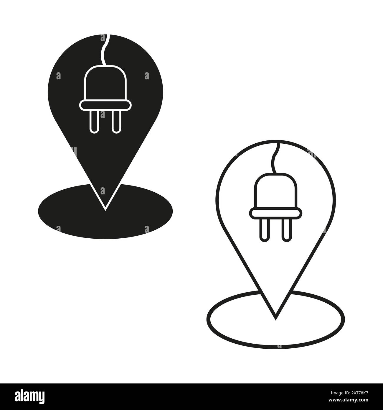 Electric plug location icons. Set of two map pin symbols with plug ...