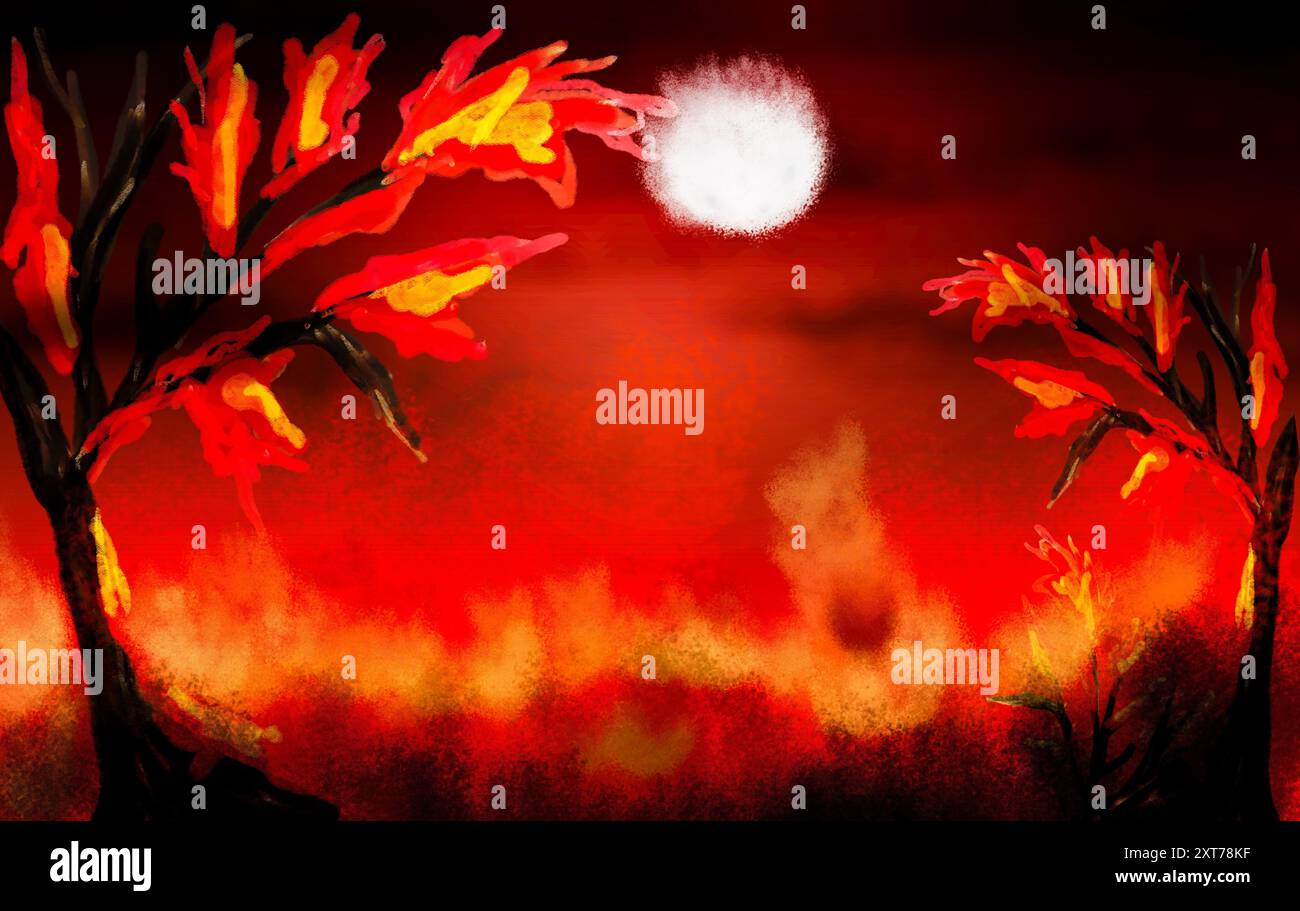 Expressive painting of a forest fire burning at night with a full moon ...