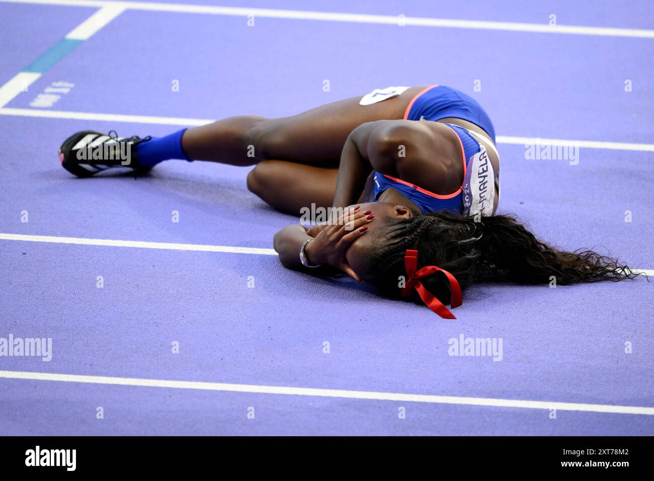Cyrena Samba-Mayela of France reacts after competing in the women's ...