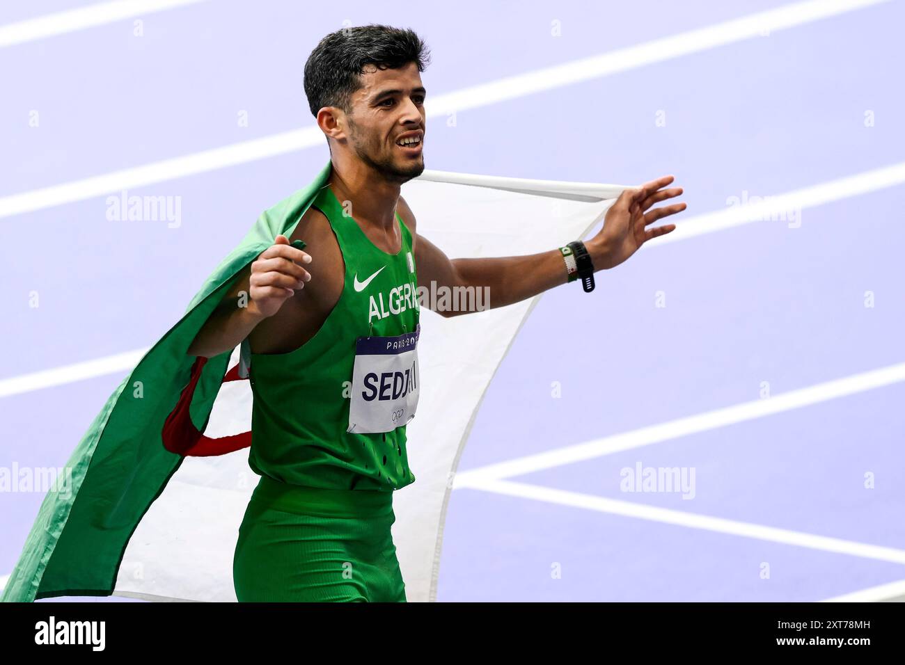 Djamel Sedjati of Algeria celebrates at the end of the men's 800m final ...