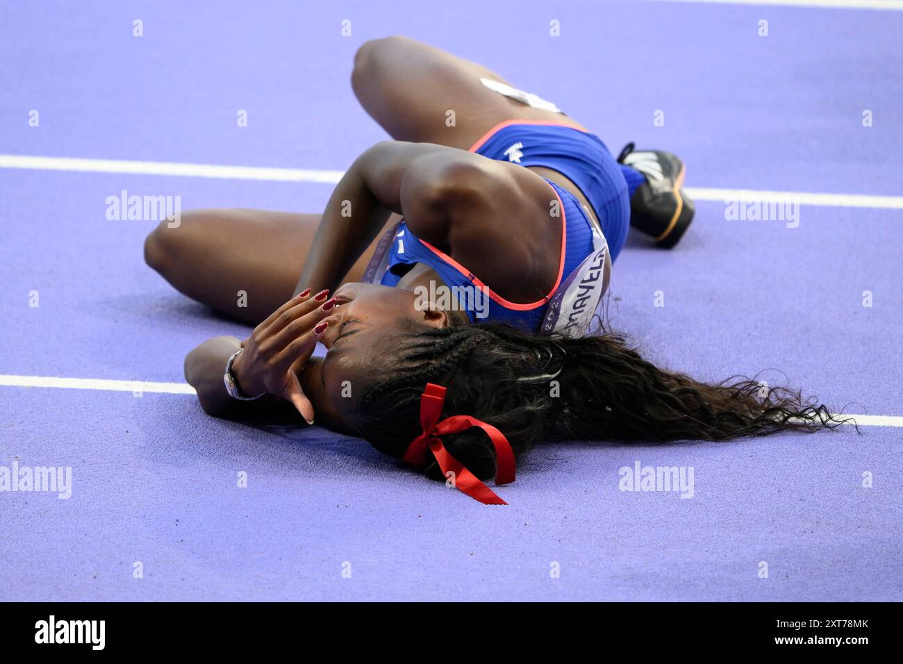 Cyrena Samba-Mayela of France reacts after competing in the women's ...