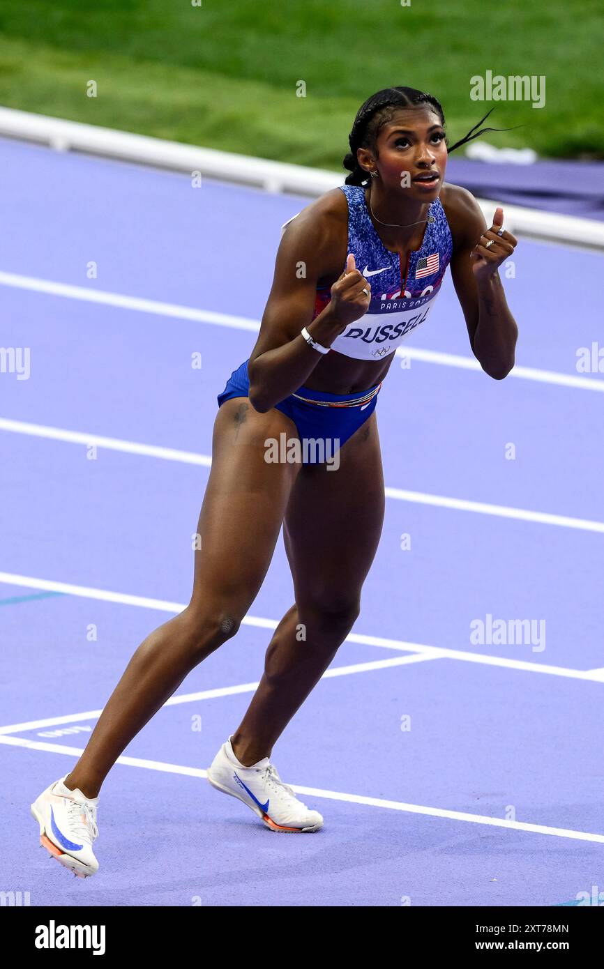 Masai Russell of United States of America reacts after competing in the ...
