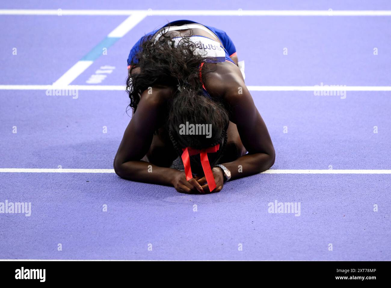 Cyrena Samba-Mayela of France reacts after competing in the women's ...