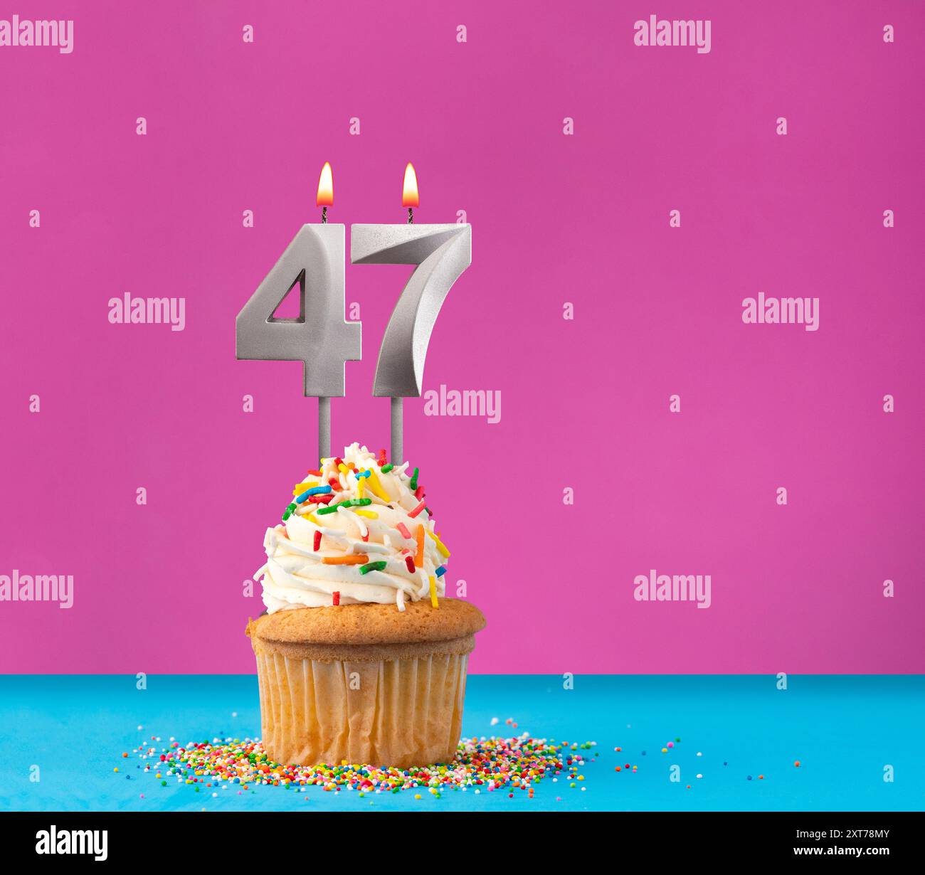 Cupcake with birthday candle number 47 - Anniversary card on blue and ...