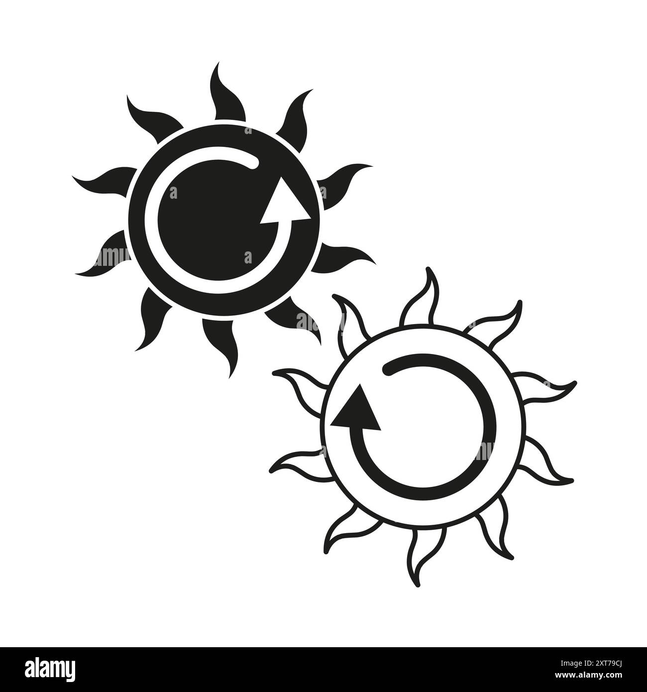 Sun icons with circular arrows. Black and white vector design ...