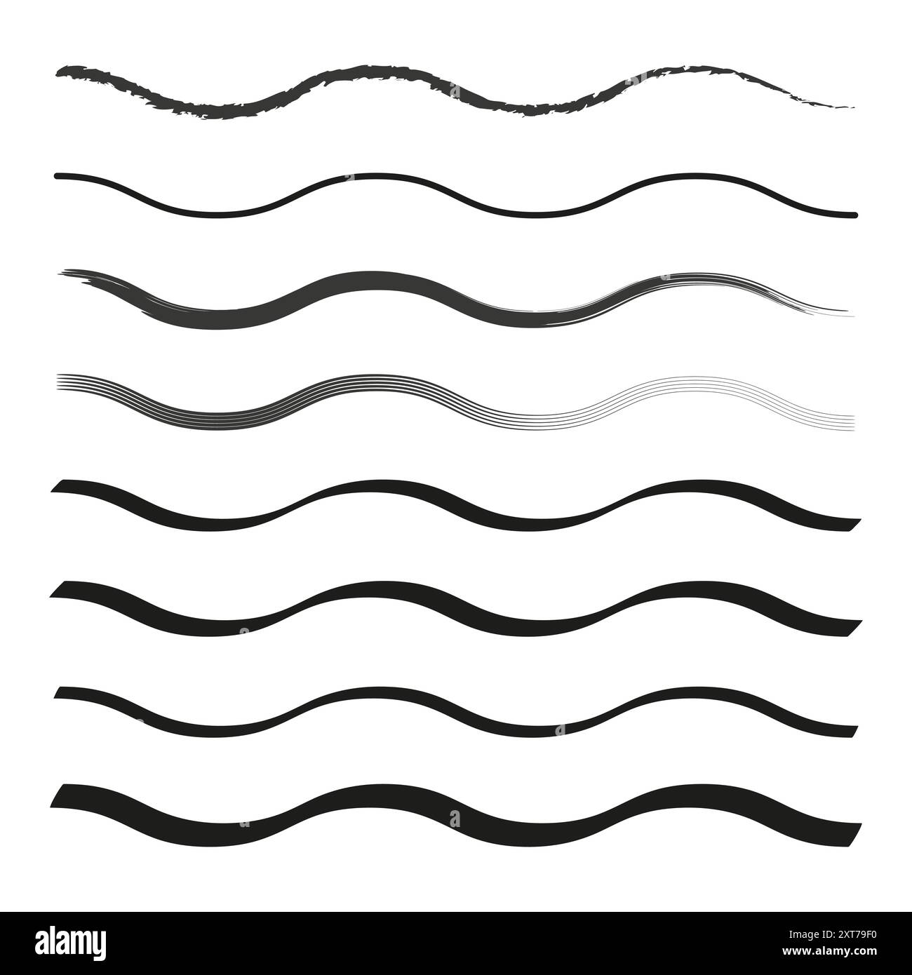Set of wavy lines. Black and white abstract waves. Various thicknesses ...