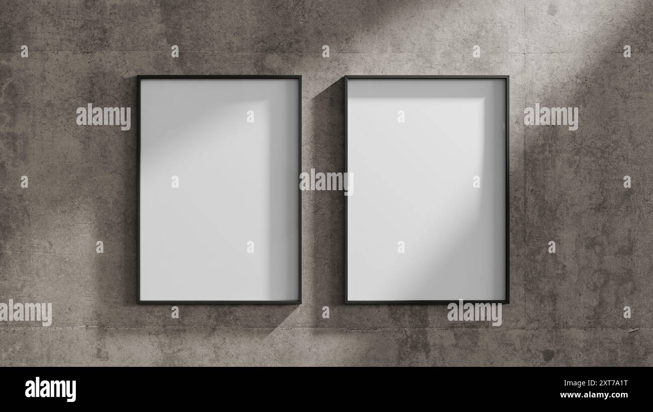 Two poster mock-ups on a rough concrete wall. 3d rendering Stock Photo ...