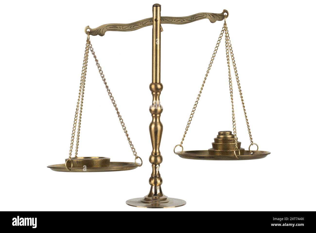 Bronze traditional balance scale with weights isolated on white ...