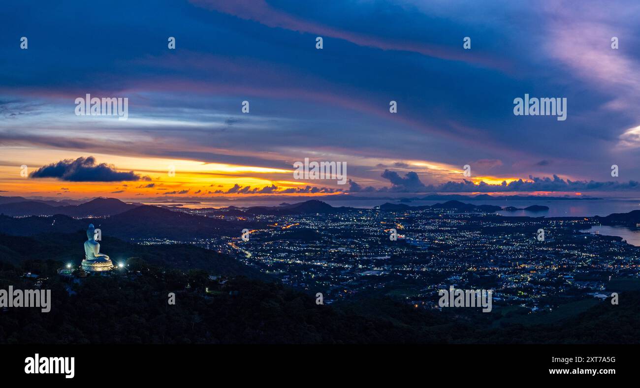 aerial night view beautiful lighting around the Phuket big Buddha ...