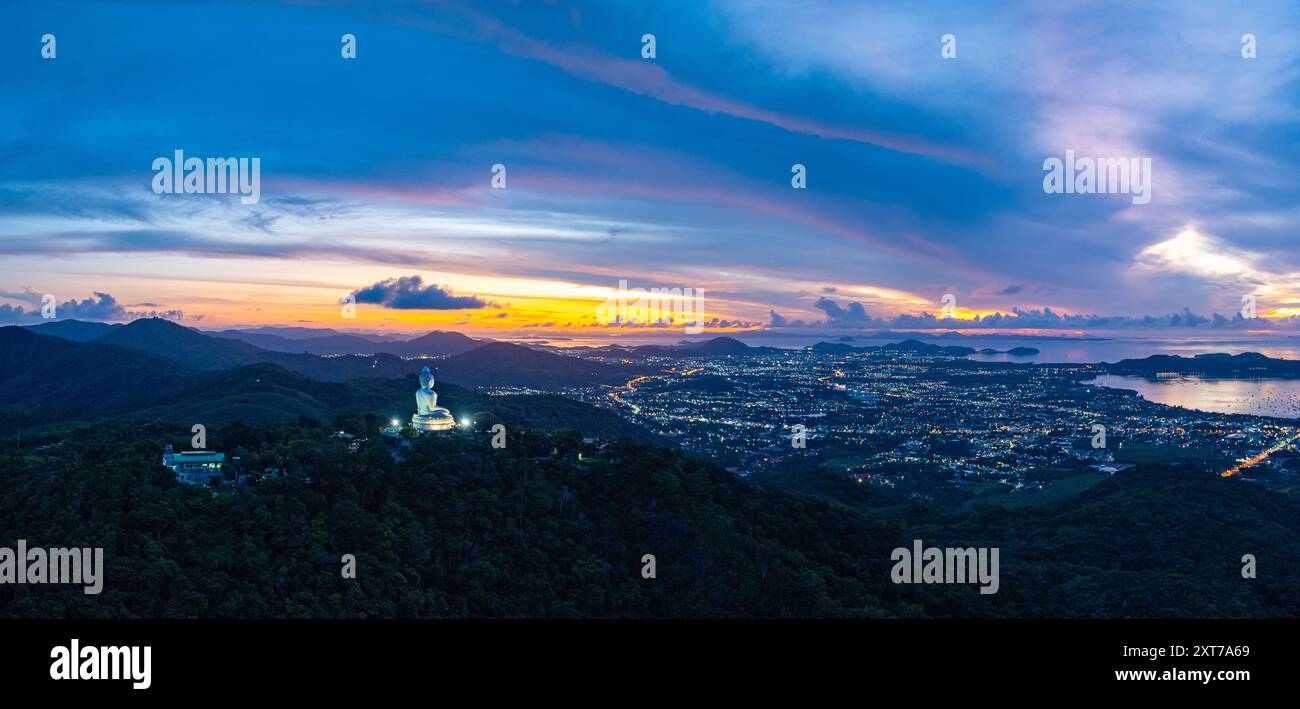 aerial night view beautiful lighting around the Phuket big Buddha ...
