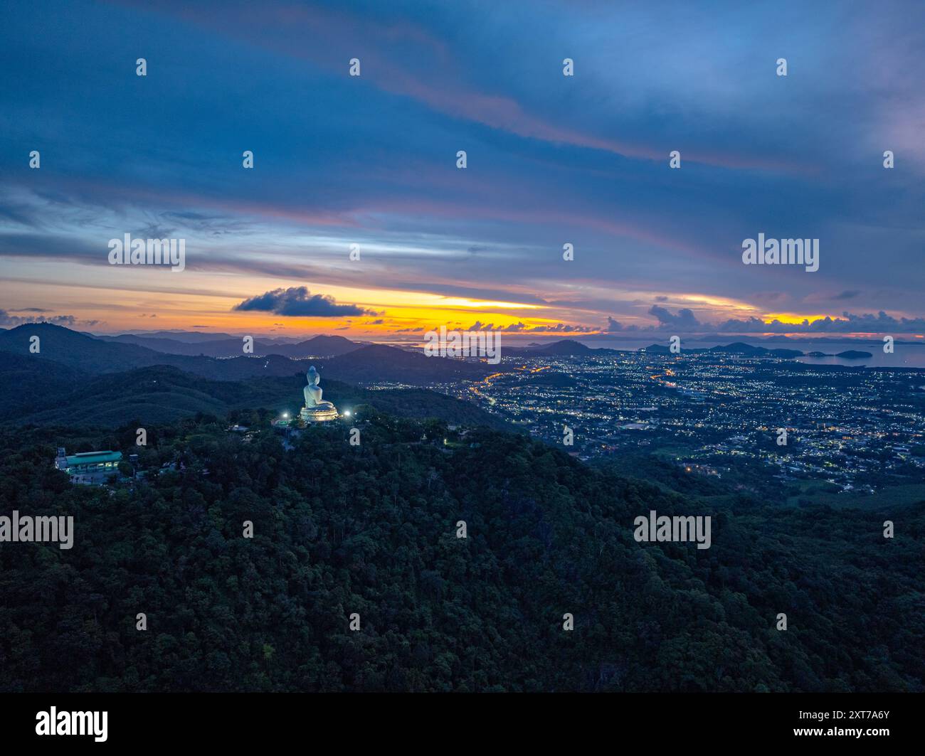 aerial night view beautiful lighting around the Phuket big Buddha ...