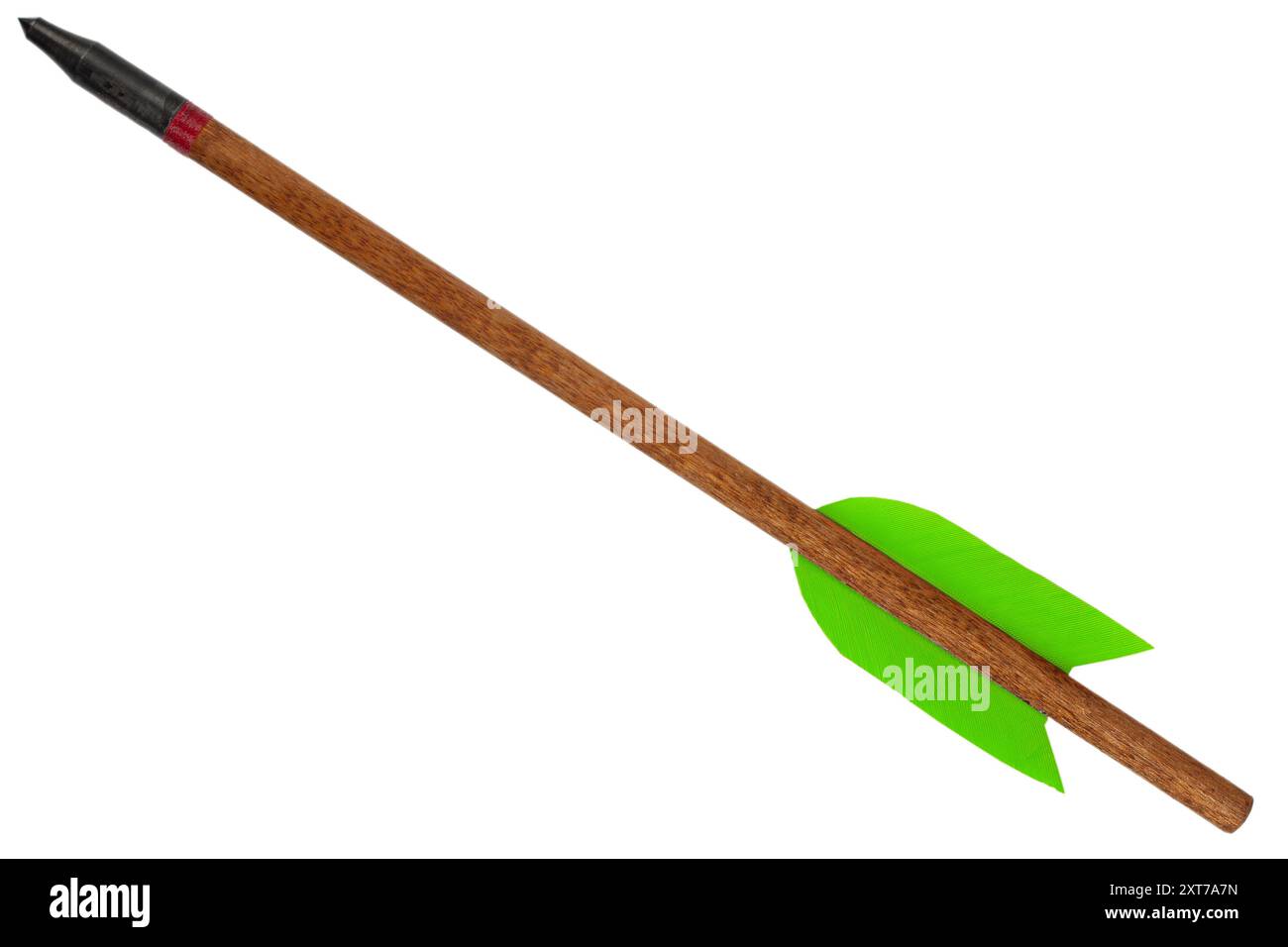 Wooden medieval crossbow bolt with green feather isolated on white ...
