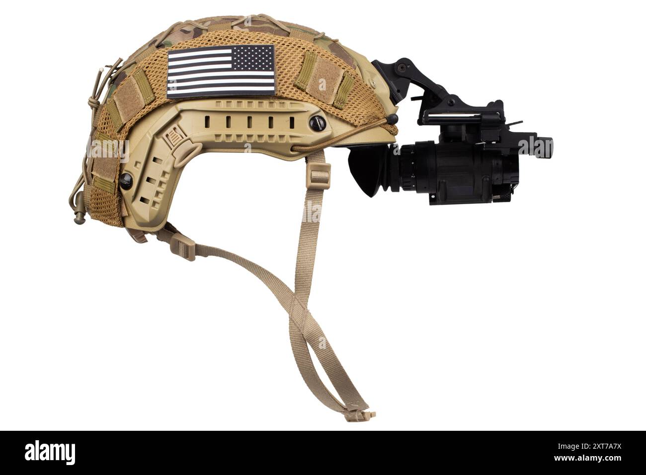 Night vision monocular on army helmet isolated on white background ...