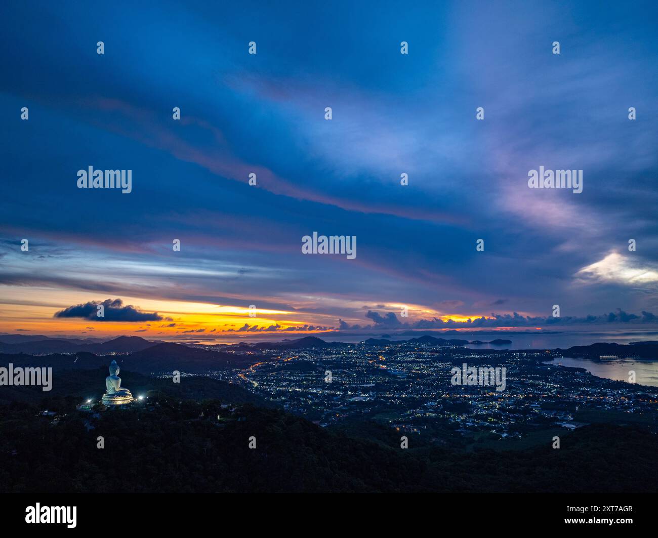aerial night view beautiful lighting around the Phuket big Buddha ...