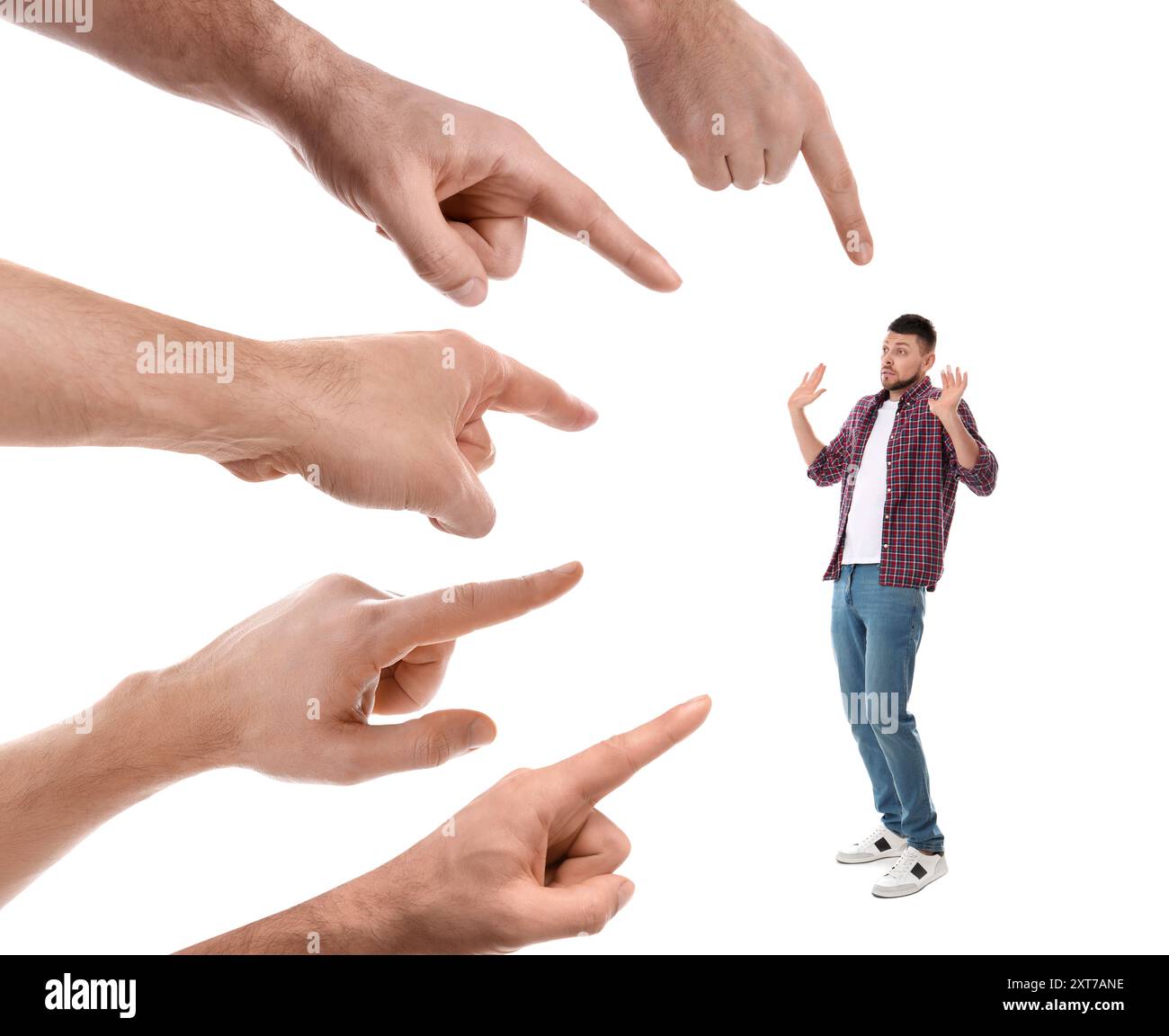 People pointing at man on white background. Failure, responsibility ...