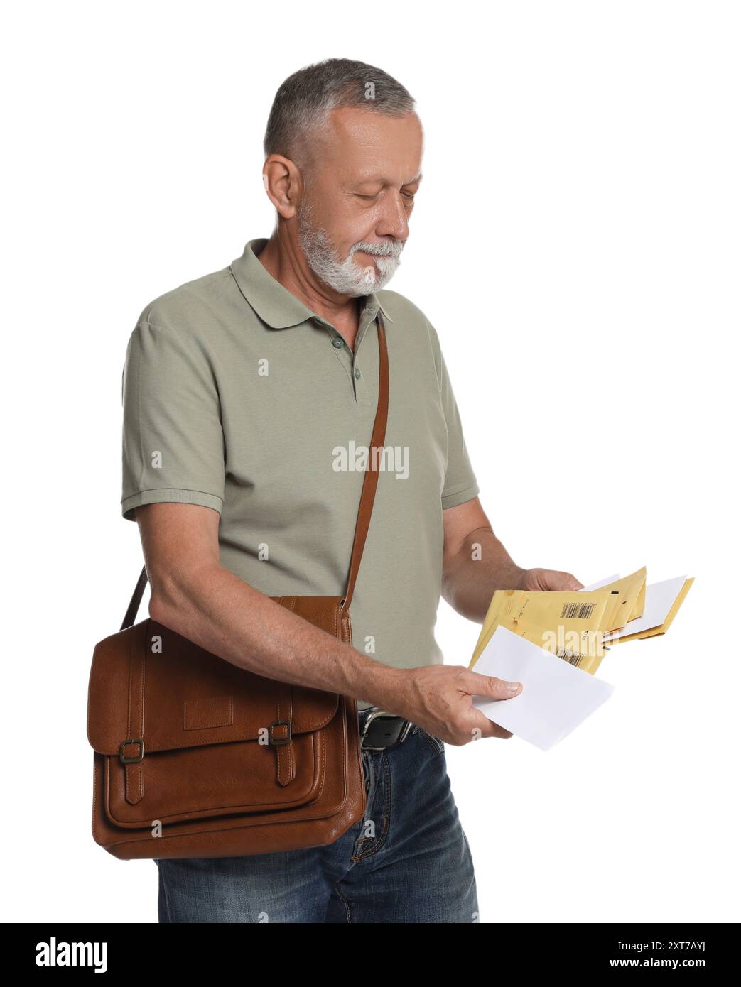 Postman with brown bag delivering letters on white background Stock ...