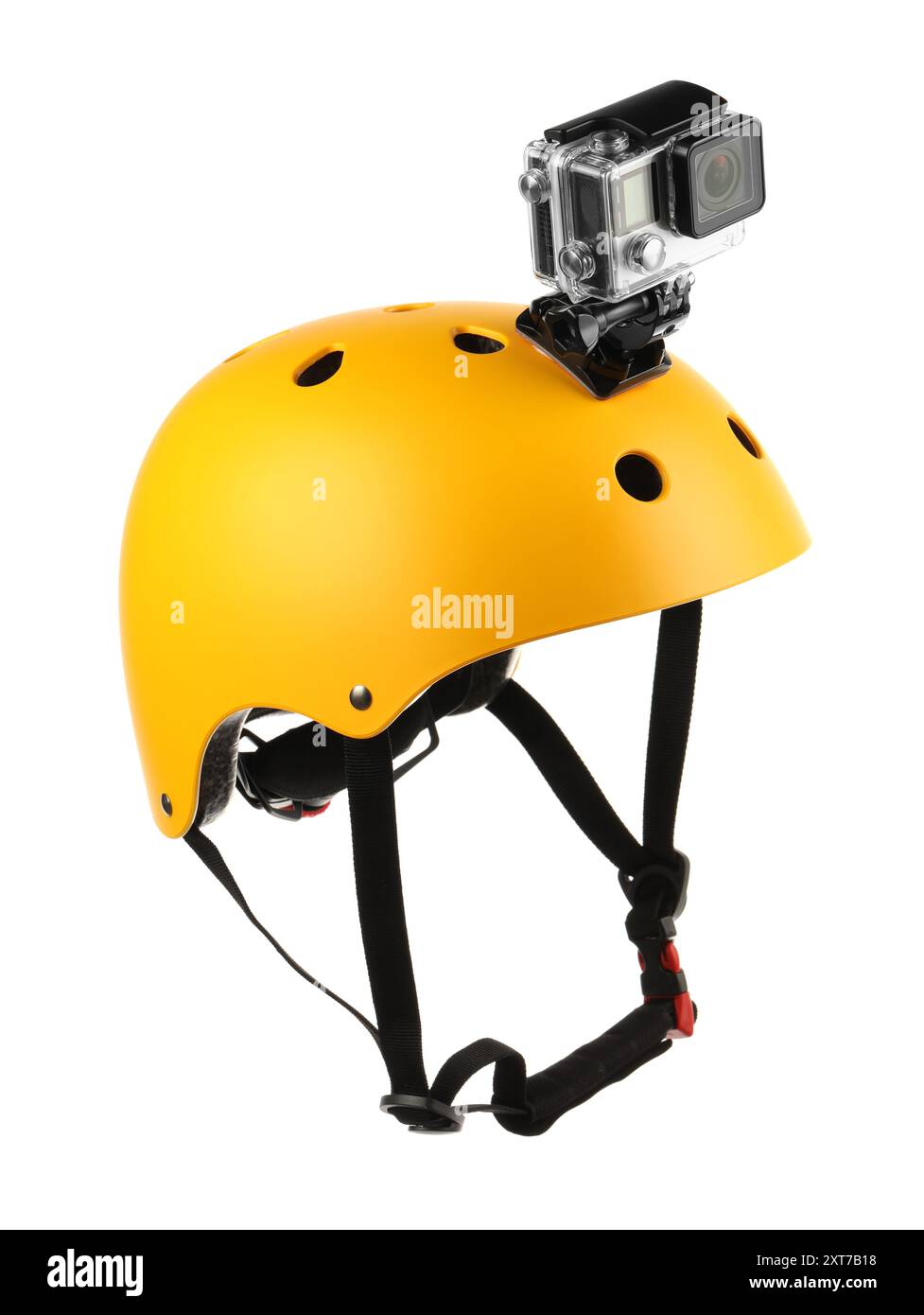 Modern action camera on helmet against white background Stock Photo - Alamy