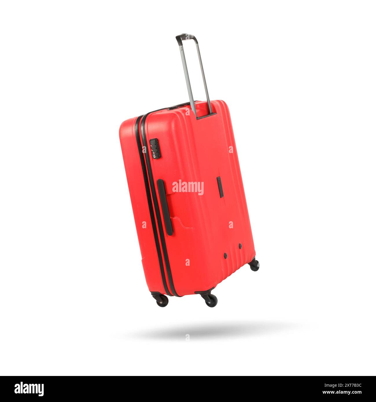 Red suitcase in air on white background Stock Photo - Alamy