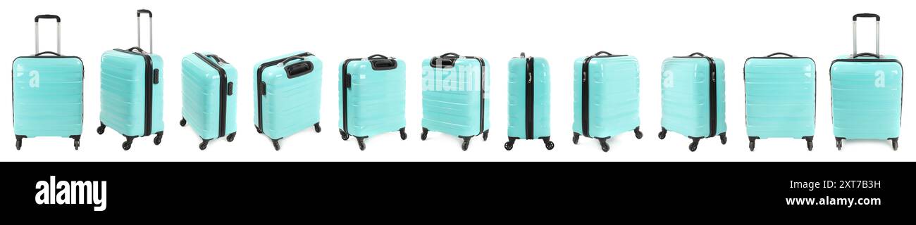 Set of turquoise suitcase on white background, view from different ...
