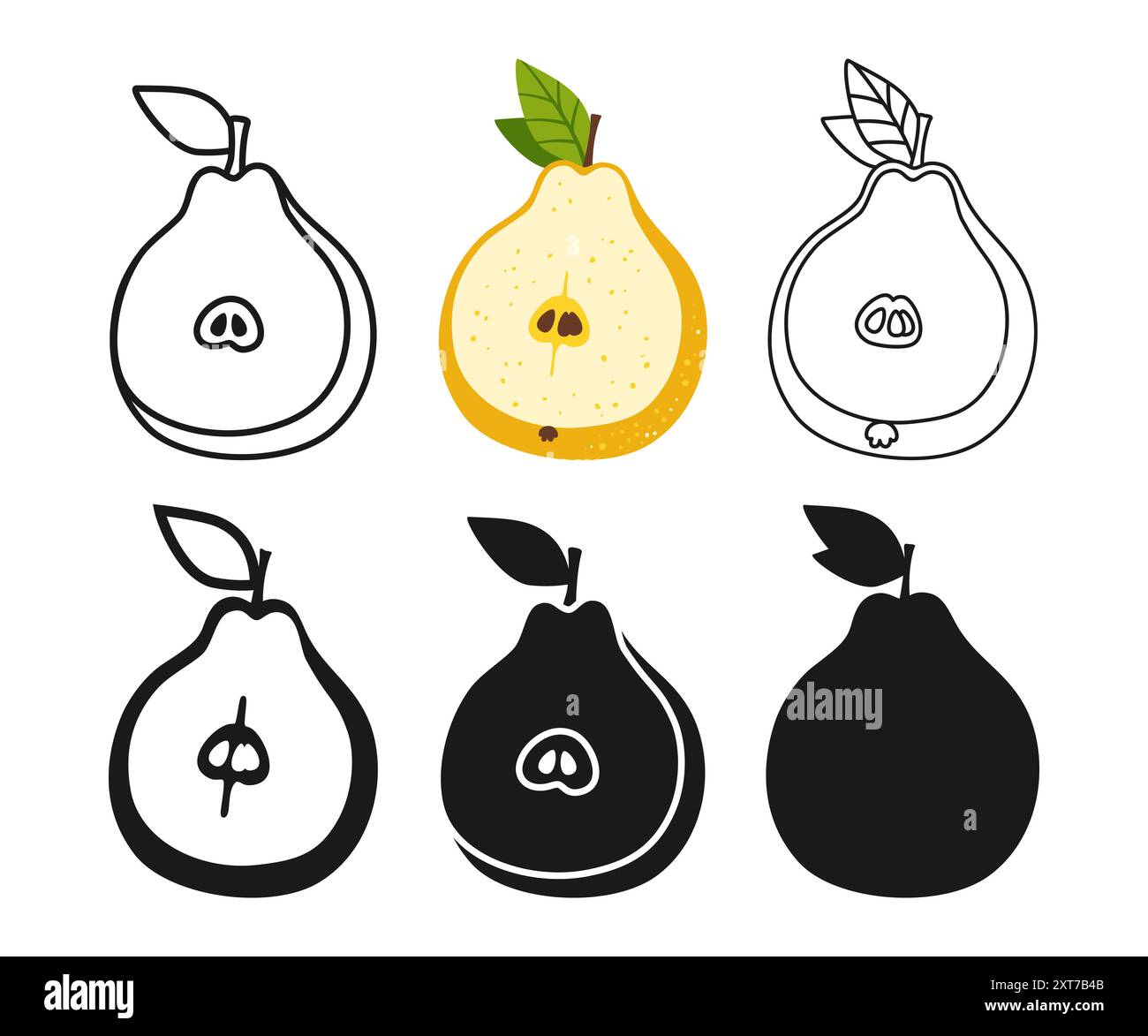 Pear symbol cartoon set. Juicy half yellow pear linear doodle icon ...
