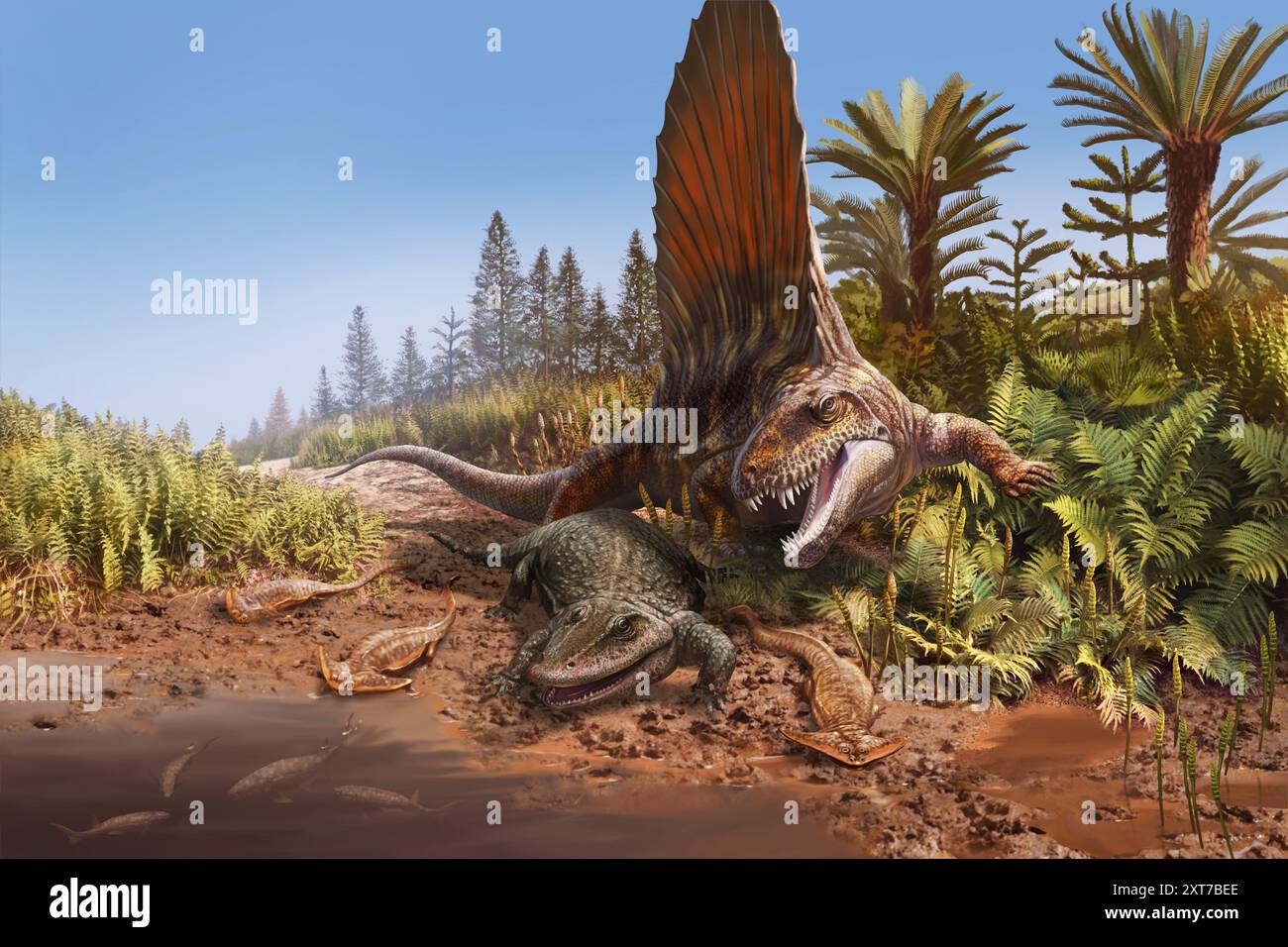 Illustration of animals on a riverbank during the Permian period ...