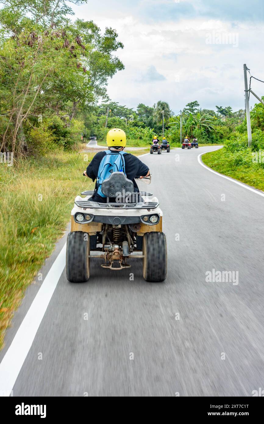 Riding quad bikes down a path past paddy fields in Balik Pulau, Penang ...