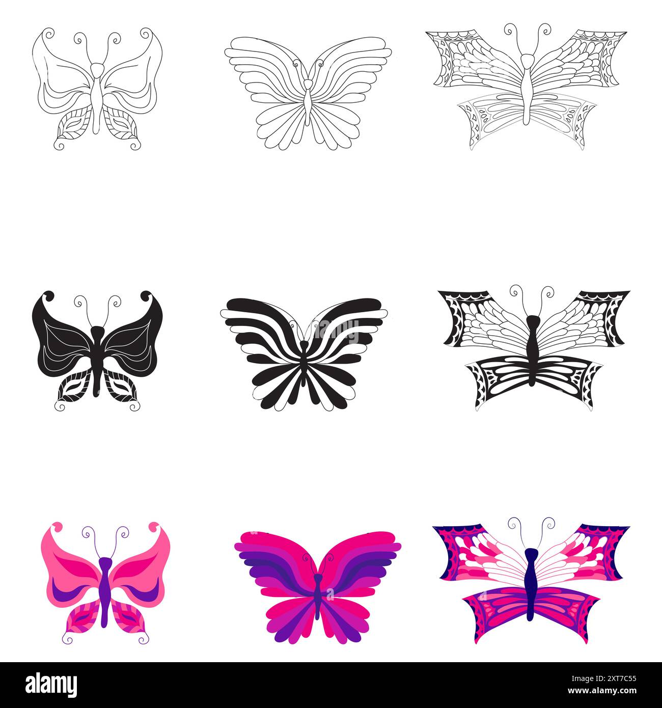 Set of butterflies in different flat, silhouette, doodle styles. Vector ...