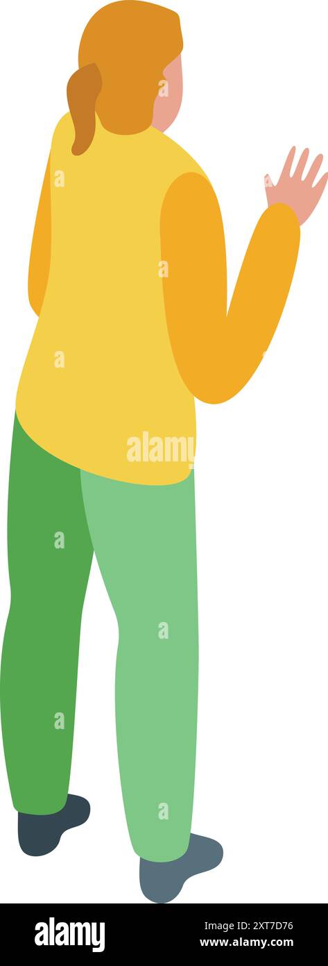 Woman standing with her back turned is raising her hand in greeting ...