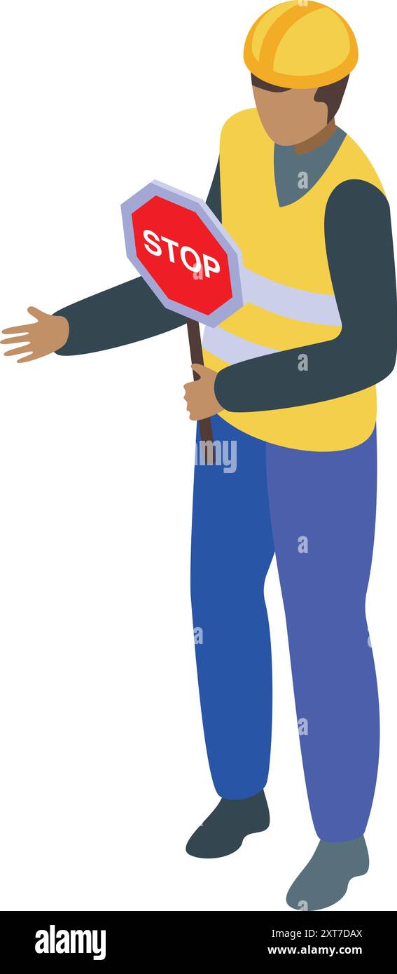 Road construction worker wearing safety vest and helmet holding stop ...