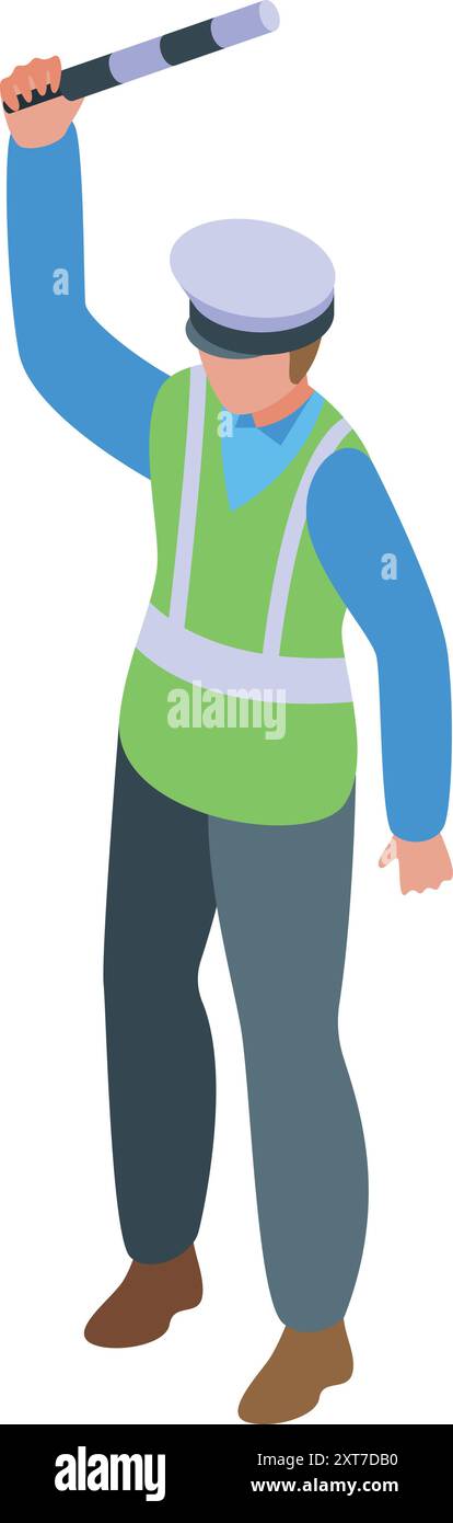 Traffic guard wearing a reflective vest is raising a traffic control ...