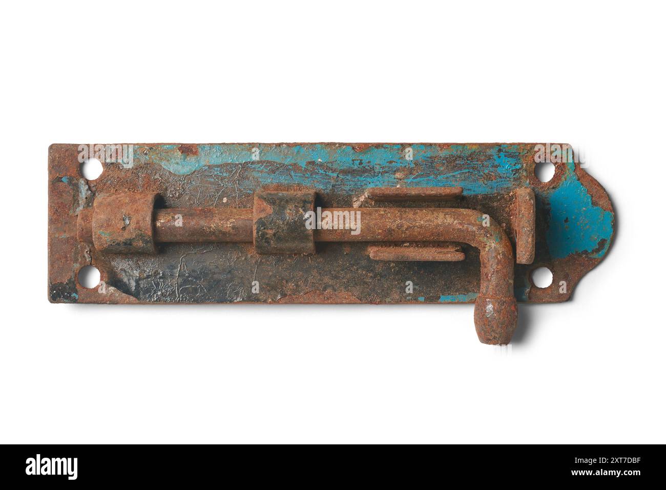 old rusty tower bolt hinge and lock isolated white background in close ...