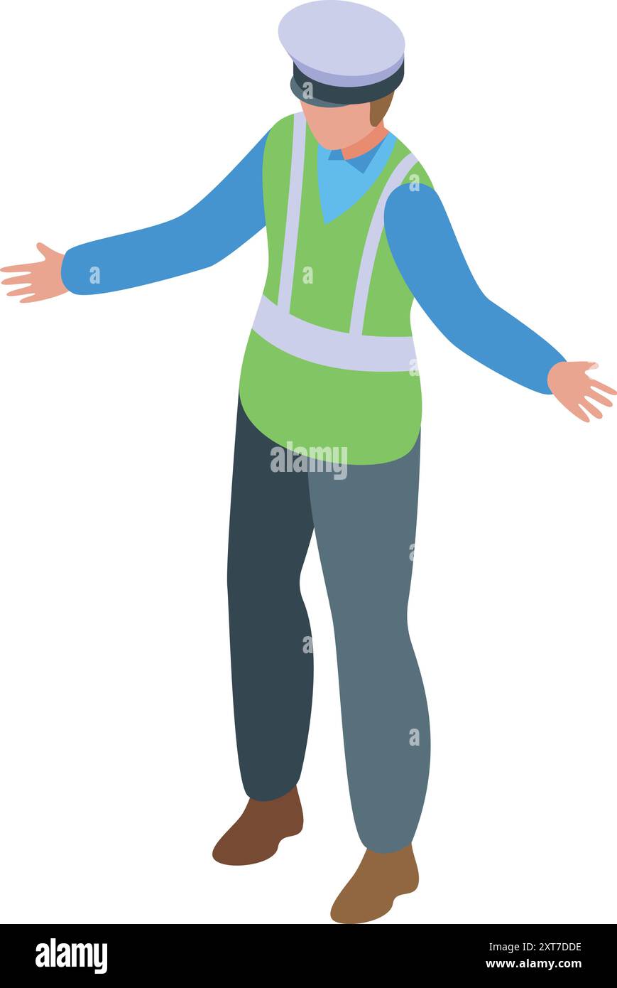 Parking inspector wearing uniform and guiding traffic flow isometric ...