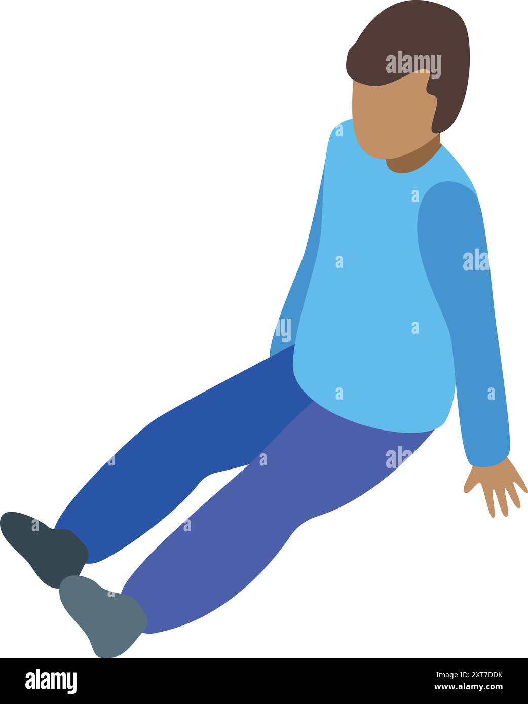 Young man sitting on floor relaxing listening looking at side isometric ...