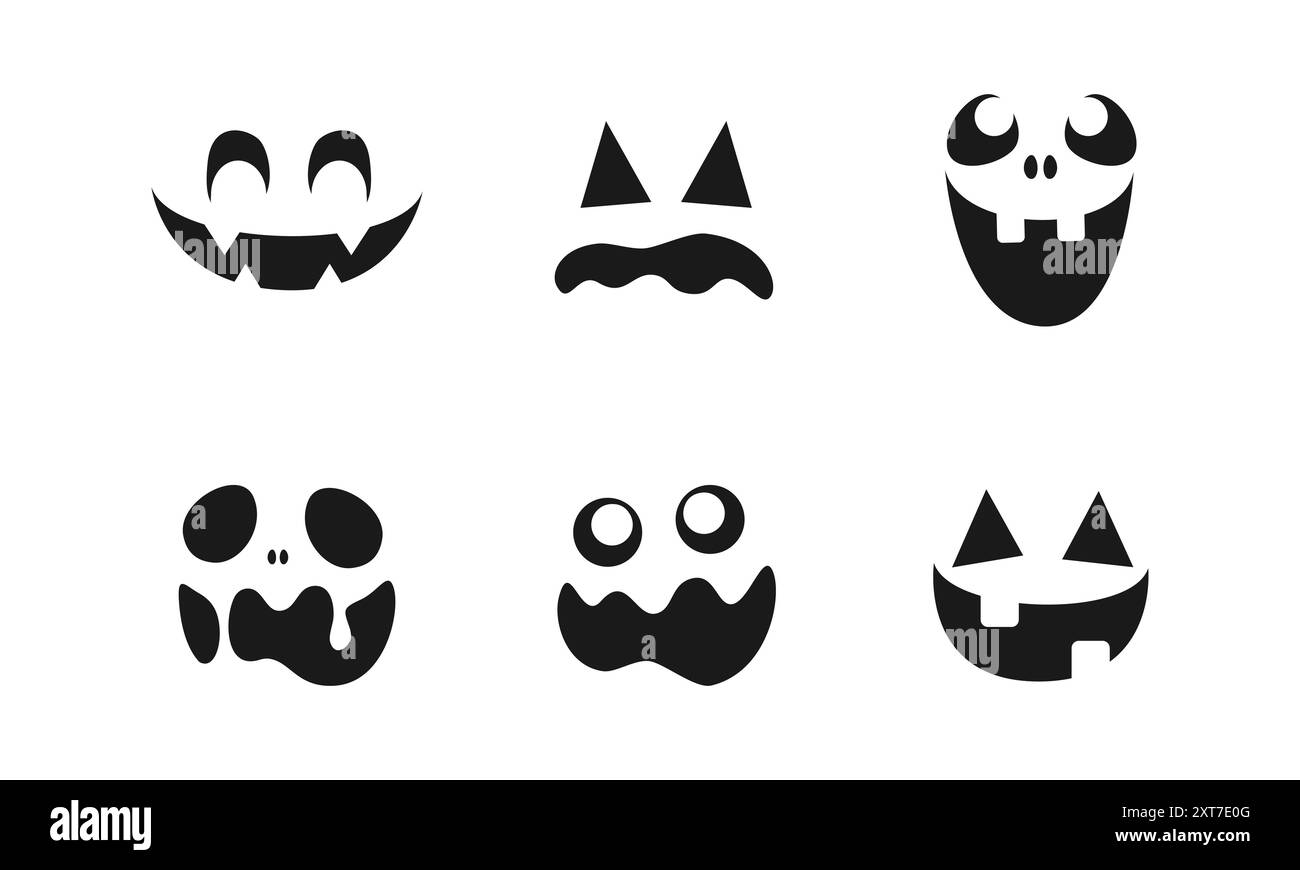 Scary Monster Faces Set. Jack O Lantern Face Halloween Pumpkin Icon Collection. Simple Creepy ...