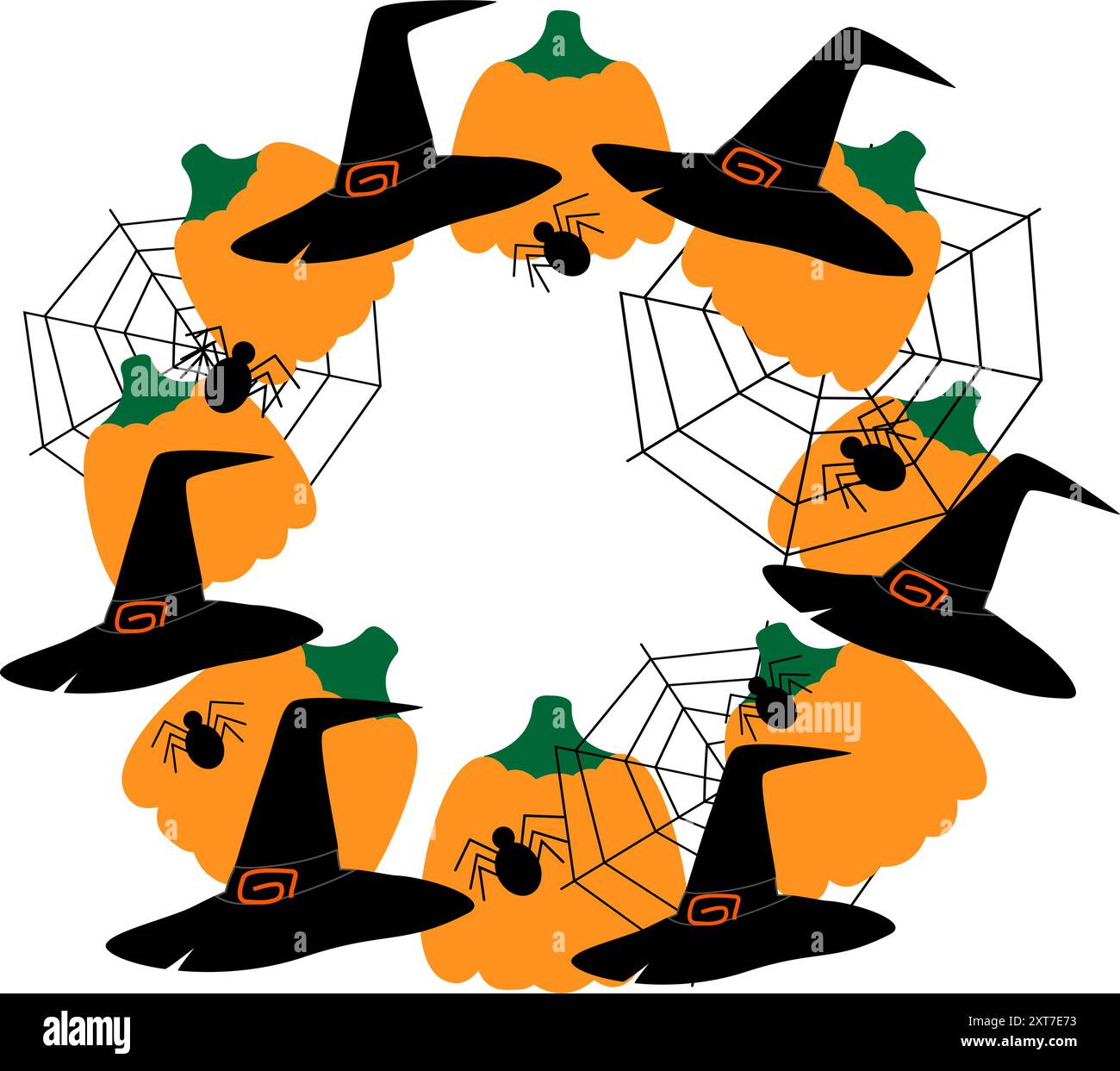 Abstract round Halloween frame of witch hats, cobwebs, spiders and ...