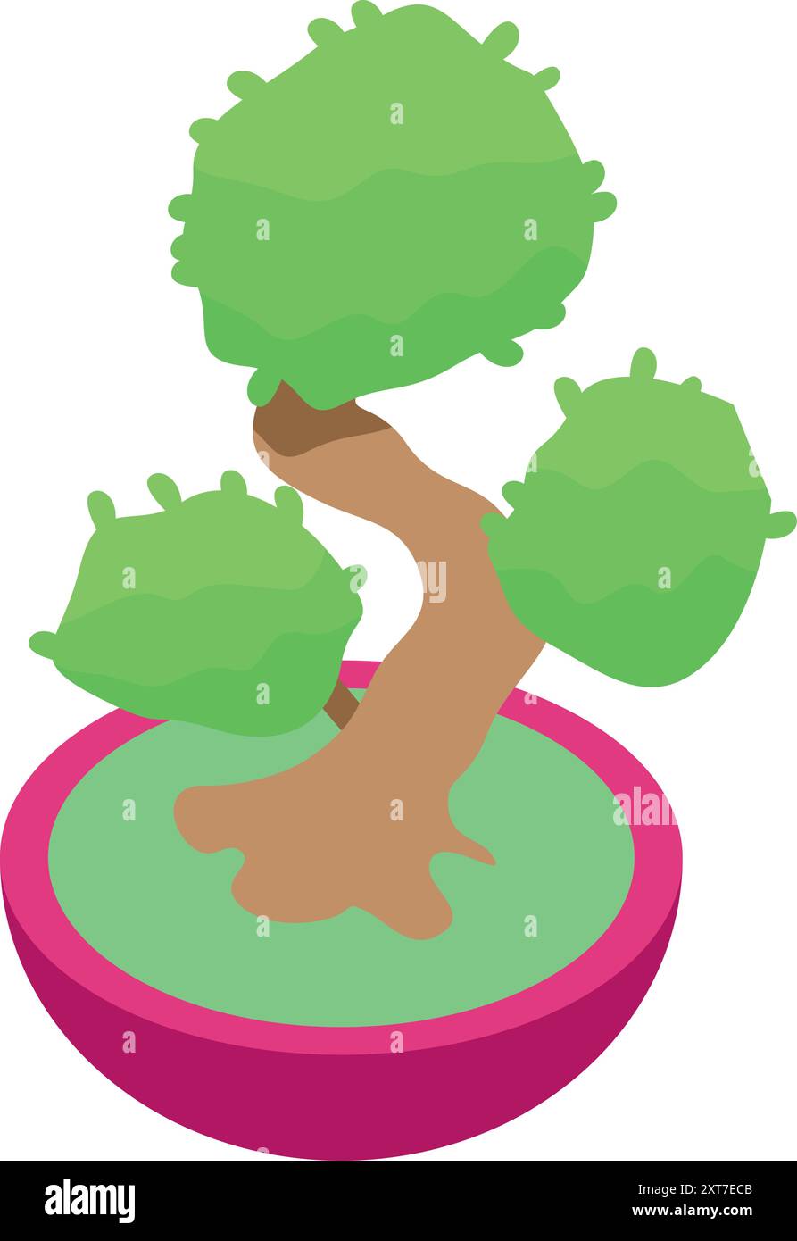 Bonsai tree in a round pot with a curved trunk growing green leaves ...