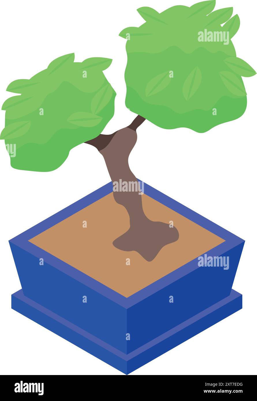 Small bonsai tree with green leaves growing in a blue pot, isometric ...